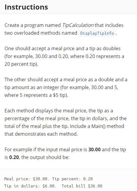 Solved Instructions Create A Program Named Tipcalculation