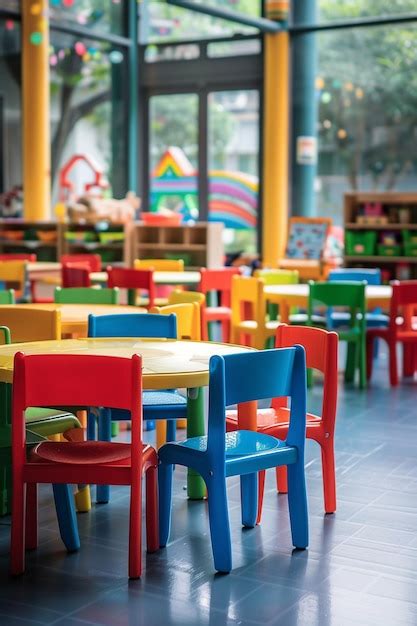Colorful Chairs Around Tables In Kindergarten Classroom Back To School