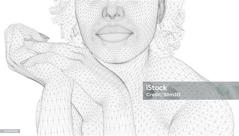 여자의 와이어 프레임은 흰색 배경에 고립 된 절반 숨겨진 얼굴 3d 벡터 일러스트레이션 여자에 대한 스톡 벡터 아트 및 기타 이미지 여자 디지털 생성 이미지 사람