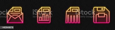 라인 용지 분쇄기 메일 및 이메일 그래프 차트가 있는 문서 및 플로피 디스크를 설정합니다 빛나는 네온 아이콘입니다 벡터 0명에
