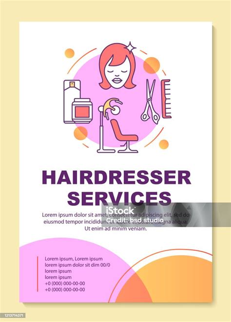 미용사 서비스 포스터 템플릿 레이아웃입니다 헤어 케어 및 트리트먼트 제품 배너 소책자 선형 아이콘이있는 전단지 인쇄 디자인 잡지