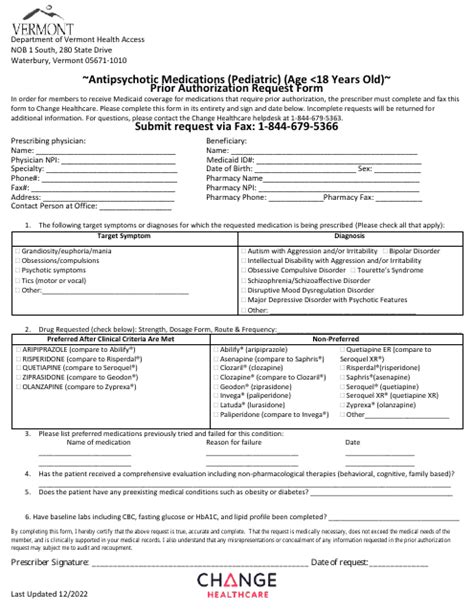 Vermont Antipsychotic Medications Pediatric Age 18 Years Old Prior Authorization Request
