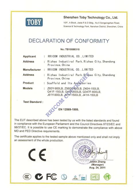 Declaration Of Conformity Rricom Industrial Co Ltd