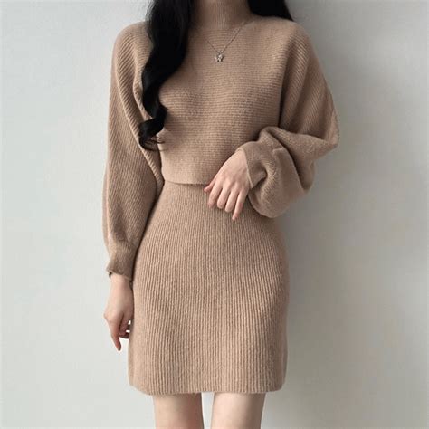 할인 투피스SET 나시원피스 볼레로 연말모임룩 연말룩 데이트룩 꾸안꾸 룬소매 반목 크롭 긴팔 니트 나시 원피스 세트 color