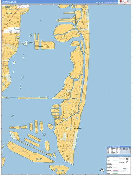 Miami Beach Florida Zip Code Wall Map Basic Style By Marketmaps
