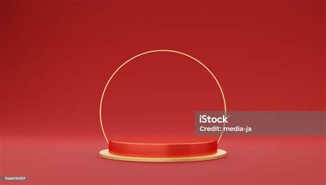 빨간색 바탕에 금색 테두리와 금색 원이 있는 빈 빨간색 실린더 연단 추상 최소 스튜디오 3d 기하학적 모양 개체입니다 제품
