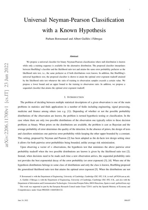 Universal Neyman Pearson Classification With A Known Hypothesis Deepai