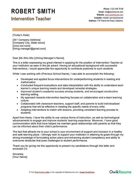 Intervention Teacher Cover Letter Examples Qwikresume