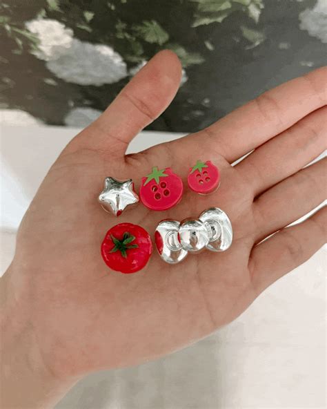 🎀키링증정🎀토마토 단추 실버 별 리본 파츠 참 신꾸 세트 과일 야채 10pcs 에이블리