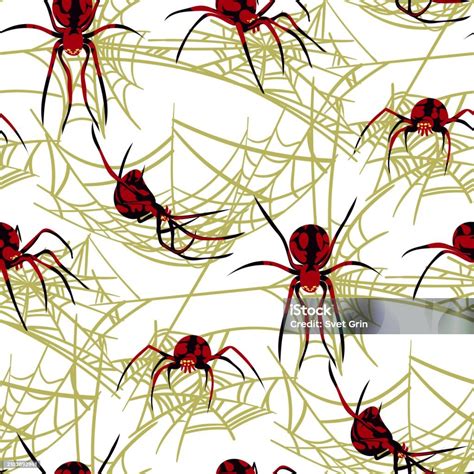 웹에 거미가 있는 패턴입니다 흰색 배경에 웹 패턴이 있는 다양한 크기의 검은색과 빨간색 거미의 벡터 그림입니다 직물 및 종이에 인쇄 핼러윈 선물 포장 0명에 대한 스톡 벡터