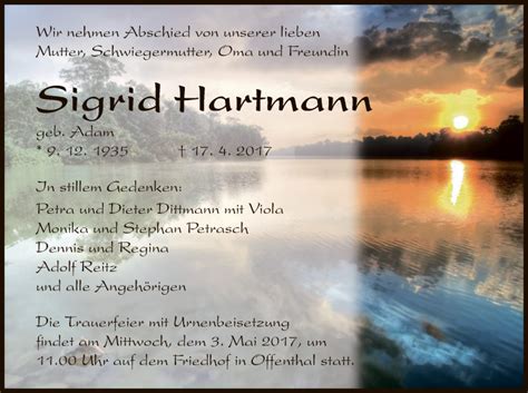 Traueranzeigen Von Sigrid Hartmann Trauer Op Online De