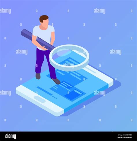App Tester Isometric Man Testing Mobile App Man With Magnifying Glass Looks At Screen Of