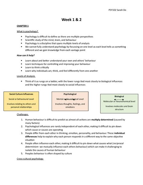 WEEK 1 2 PSY102 Notes PSY102 Sarah Do Week 1 2 CHAPTER 1 What Is Psychology Studocu