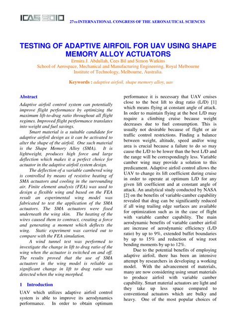 Pdf Testing Of Adaptive Airfoil For Uav Using Shape Memory Alloy