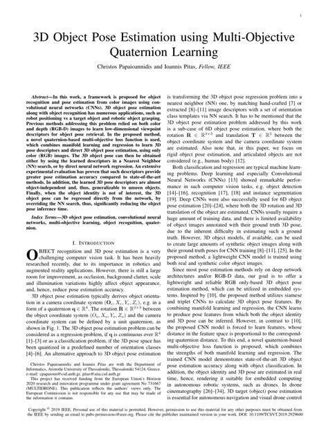 pdf 3d object pose estimation using multi objective quaternion learning