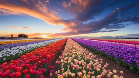 Premium Ai Image Tulip Fields In A Field Of Tulips At Sunset