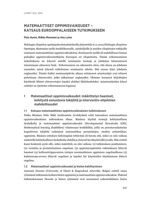 Pdf Mathematical Learning Difficulties Snapshots Of Current European Research