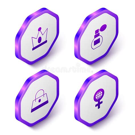 Set Isometric King Crown Perfume Handbag And International Women Day Icon Purple Hexagon
