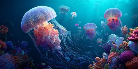 A Surreal Underwater World Filled With Glowing Marine Life And Vibrant Colors For Ocean Fantasy