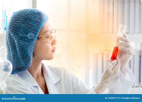 Asian Woman Scientist Or Chemist Holding Test Tube At Laboratory Stock Image Image Of