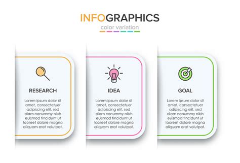 3 단계 연속 화살표 비즈니스 모델의 개념 세 가지 다채로운 직사각형 요소 브로셔 프리젠 테이션을위한 타임 라인 디자인 인포그래픽 디자인 레이아웃 3에 대한 스톡 벡터 아트