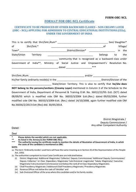 Format Obc Ncl Form Obc Ncl Format For Obc Ncl Certificate