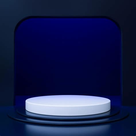 파란색 방에 있는 흰색 연단 제품에 대한 시연 배경 3d 일러스트레이션 프리미엄 사진