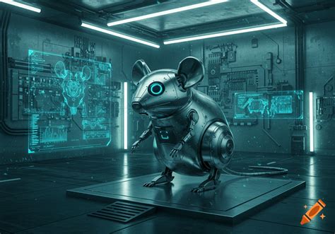 A Detailed Metallic Robot Mouse With Glowing Blue Eyes Stands On A