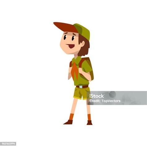 흰색 배경에 배낭 벡터 일러스트와 함께 균일 한 서에 보가 스카우트 캐릭터 교육에 대한 스톡 벡터 아트 및 기타 이미지 교육 귀여운 녹색 Istock