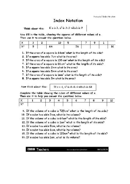 Index Notation Worksheet For 6th 8th Grade Lesson Planet