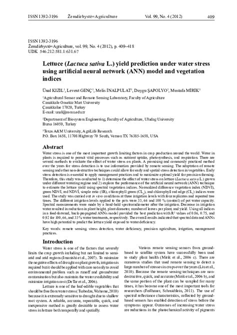 Pdf Lettuce Lactuca Sativa L Yield Prediction Under Water Stress