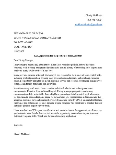 Application For The Position Of Sales Assistant Pdf