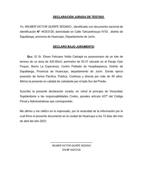 Modelo De Declaracion Jurada De Testigo