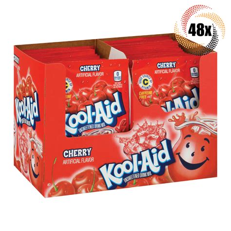 Full Box 48x Packets Kool Aid Cherry Flavor Soft Drink Mix Caffeine