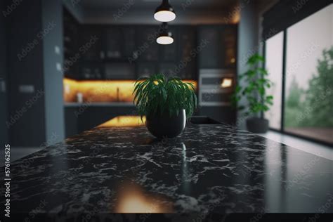 Modern Empty Dark Marble Table In A Kitchen Room On Blurry Background Kitchen Room Interior