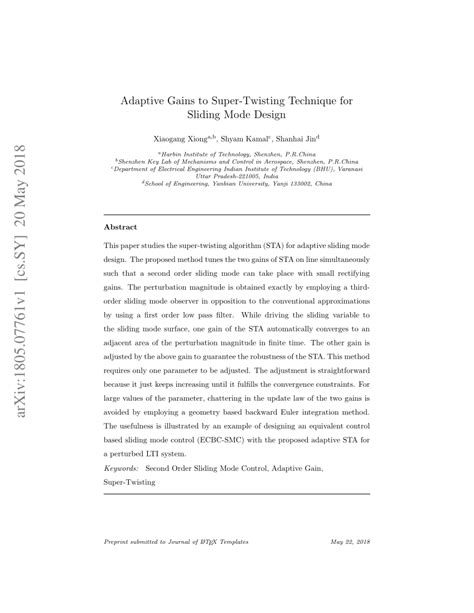 Pdf Adaptive Gains To Super Twisting Technique For Sliding Mode Design