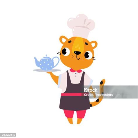 귀여운 Tiger 요리사 캐릭터 에서 Toque 파악 쟁반 와 찻주전자 벡터 일러스트 레이 션 개념에 대한 스톡 벡터 아트 및