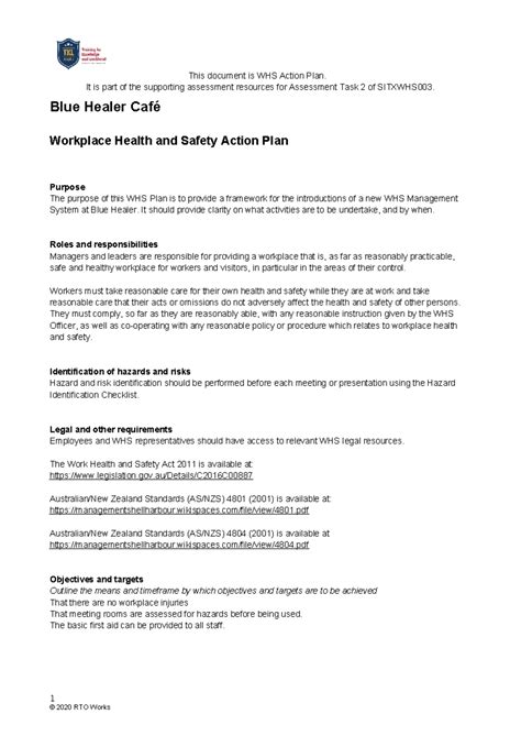 Whs Action Plan Dcfc It Is Part Of The Supporting Assessment Resources For Assessment Task 2
