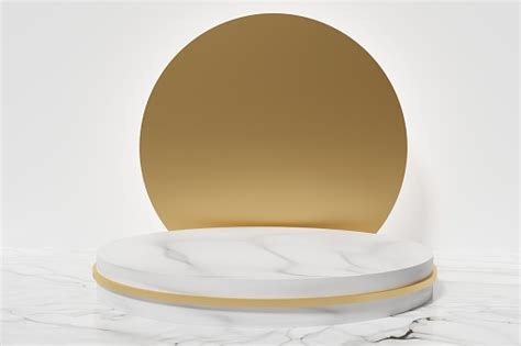 대리석과 금색 연단의 3d 렌더링은 흰색 배경에 대리석 바닥에 Led 원이 있습니다 연단에 대한 스톡 사진 및 기타 이미지 연단 3차원 형태 Led 조명 Istock