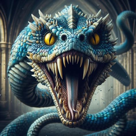 Premium Photo Mythological Snake Basilisk Coming Toward Camera With Mouth Open