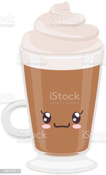 거품과 시럽 스티커 카와이가있는 귀여운 커피 라떼 긍정적 인 감정을 가진 유리에 뜨거운 음료 감정에 대한 스톡 벡터 아트 및 기타 이미지 Istock