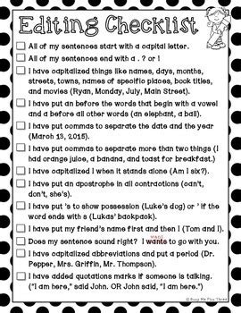 Editing Checklist For Writing First Grade And Second Grade Tpt