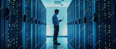 It Engineer Standing Next To Open Server Rack Cabinets Doing Wireless