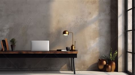 멋진 로프트 디자인 콘크리트 3d 벽에 반대되는 나무 탁상 위의 노트북 3d 렌더링 배경 컴퓨터 작업 배경 탁상 배경