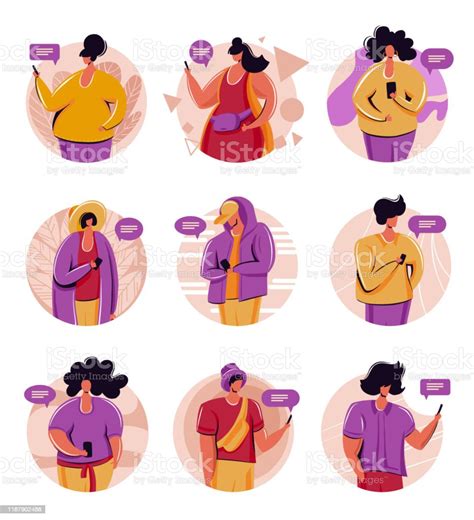 젊은 사람들 남자와 여자는 친구들과 소셜 미디어 네트워크에 채팅 메시지 거품 중독 된 인터넷 및 디지털 기기로 둘러싸여 있습니다 평면 만화 캐릭터의 벡터 일러스트 세트입니다