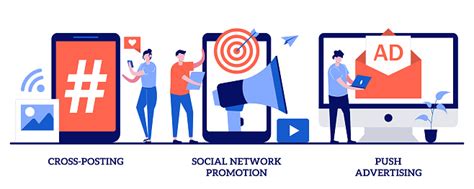 교차 게시 소셜 네트워크 프로모션 작은 사람들과 광고 개념을 밀어 미디어 프로모션 벡터 일러스트레이션 세트입니다 댓글 과 같은 디지털 마케팅 Smm 및 게시물 공유 은유