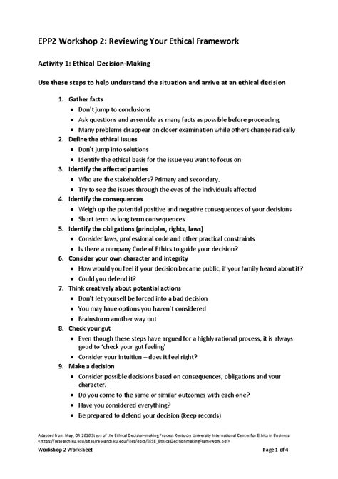 Epp2 Workshop 2 Worksheet Epp2 Workshop 2 Reviewing Your Ethical