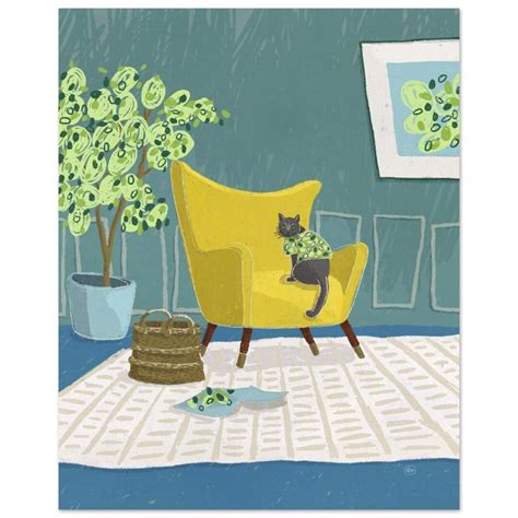 Leaf Green Art Print Cat On Chair Cozy Etsy