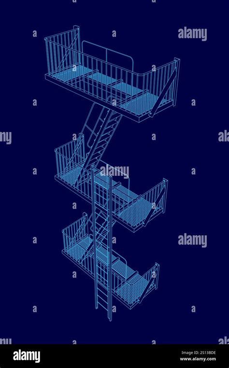Blue Drawing Of A Fire Escape With A Ladder The Ladder Is On The Left Side Of The Image Stock