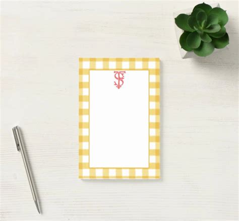 Yellow Gingham Monogram Post It® Notes Custom Two Letter Etsy